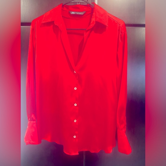 Zara | Tops | Zara Red Flowy Satin Shirt Blouse Top S | Poshmark
